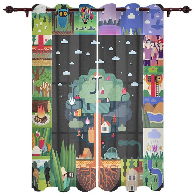 Big Tree Lattice Cartoon Kitchen Curtain Kids Bedroom Living Room ...