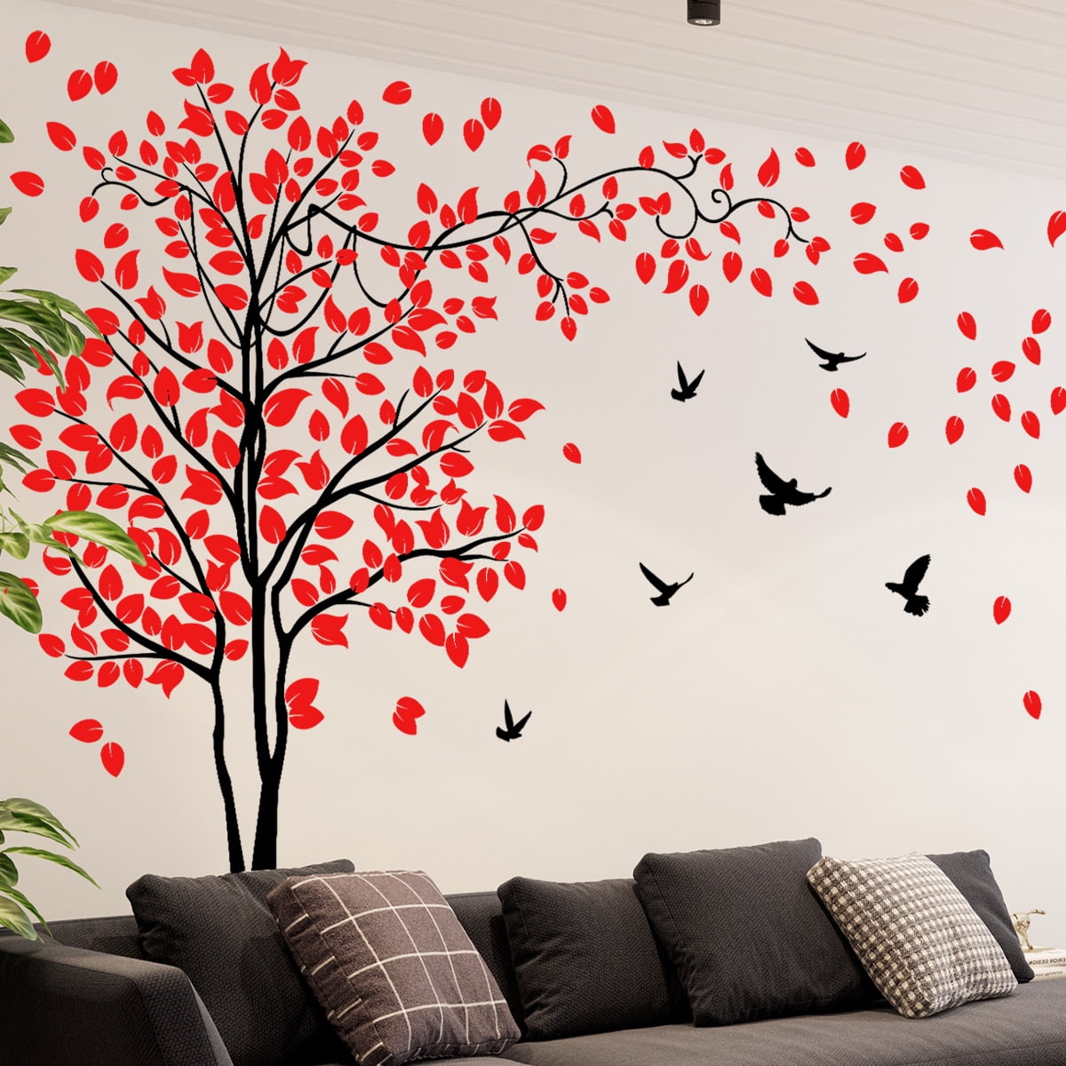 Big Tree Wall Decals Red Leaves Bird Wall Stickers 60.2x82.6 Inch Vinyl ...