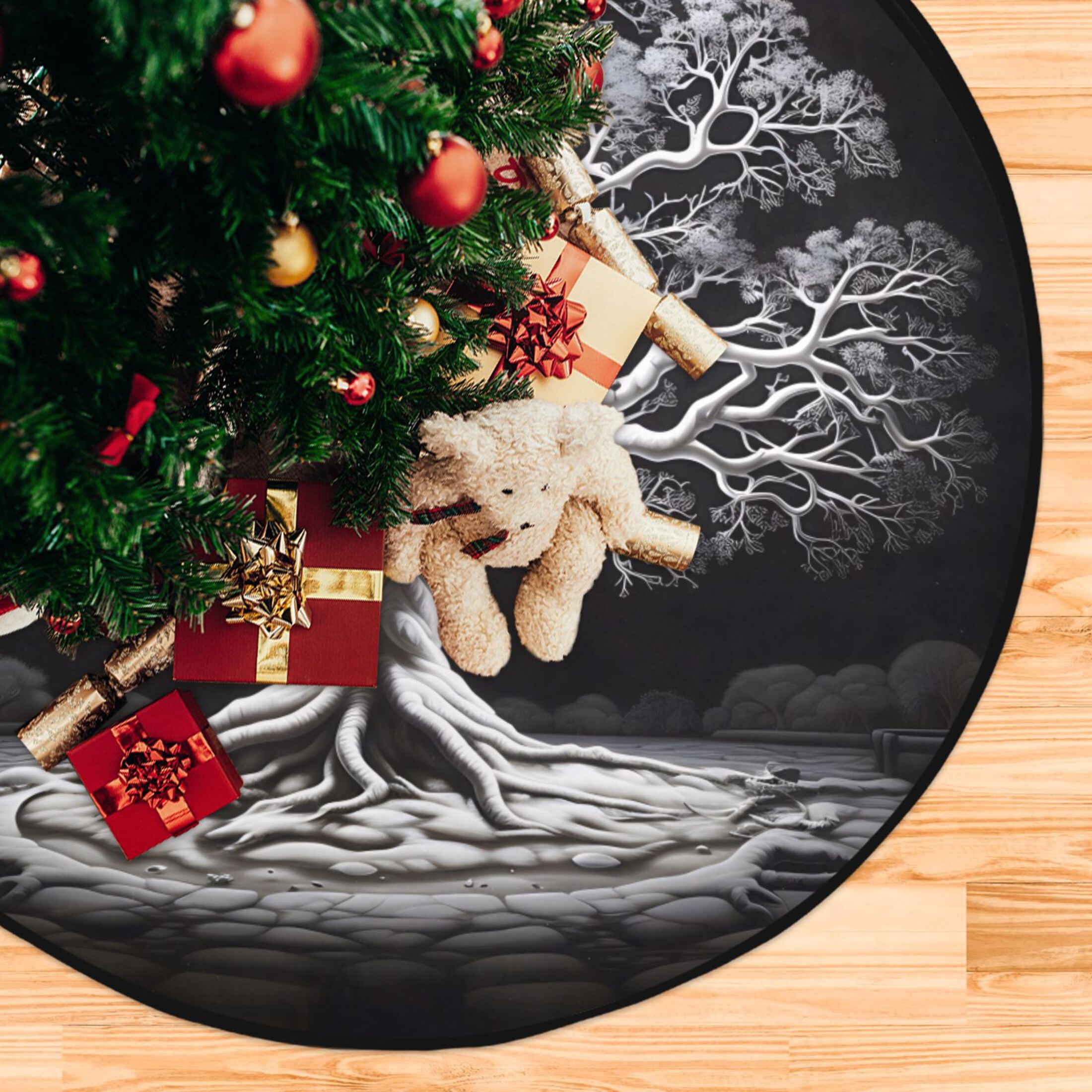 Big Tree in Black and White Christmas Tree Stand Mat Waterproof Floor ...