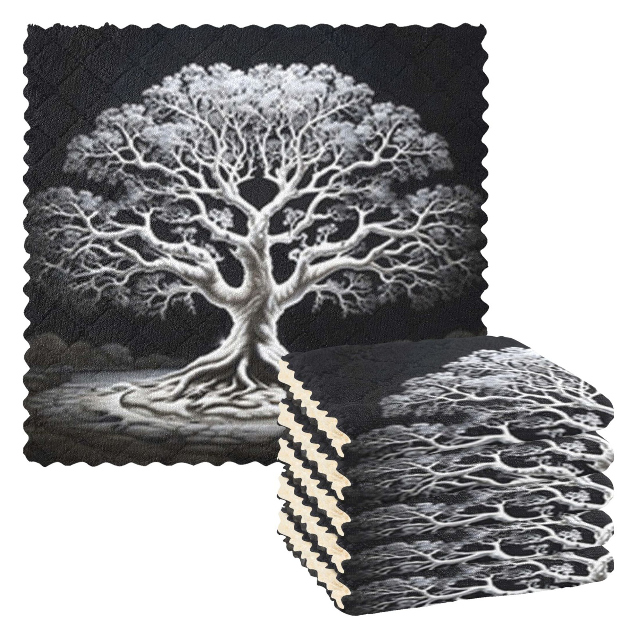 Big Tree in Black and White Kitchen Cloth Dish Towels for Drying ...