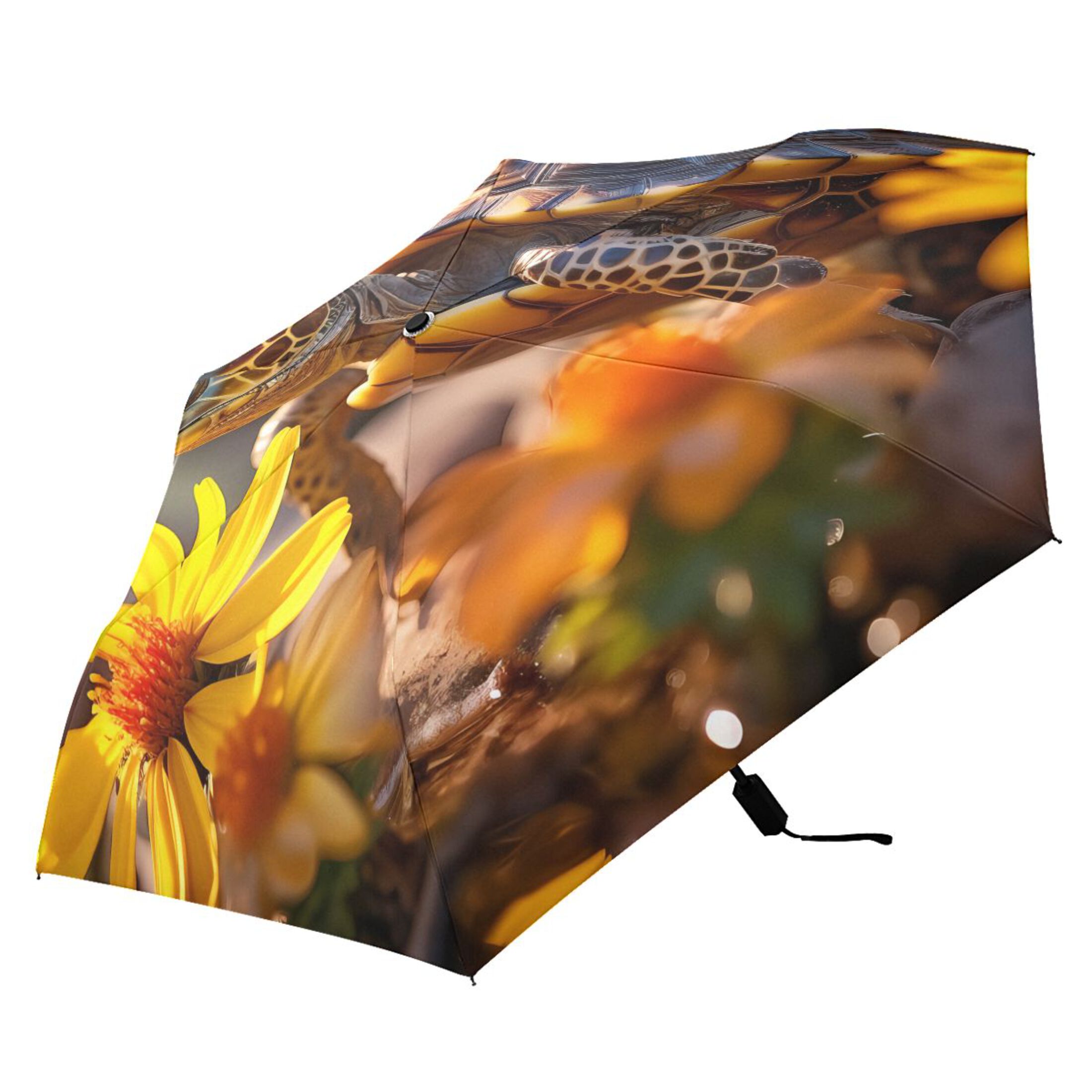 Big Turtle and Wild Flowers Compact Folding Umbrella for Rain Windproof ...