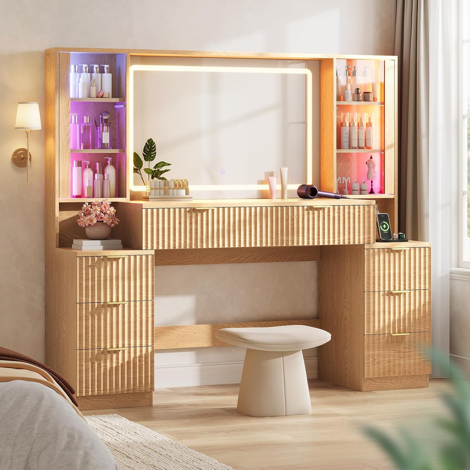 Big Vanity, 59.1" Fluted Wood Makeup Vanity Desk with Mirror and Sound ...