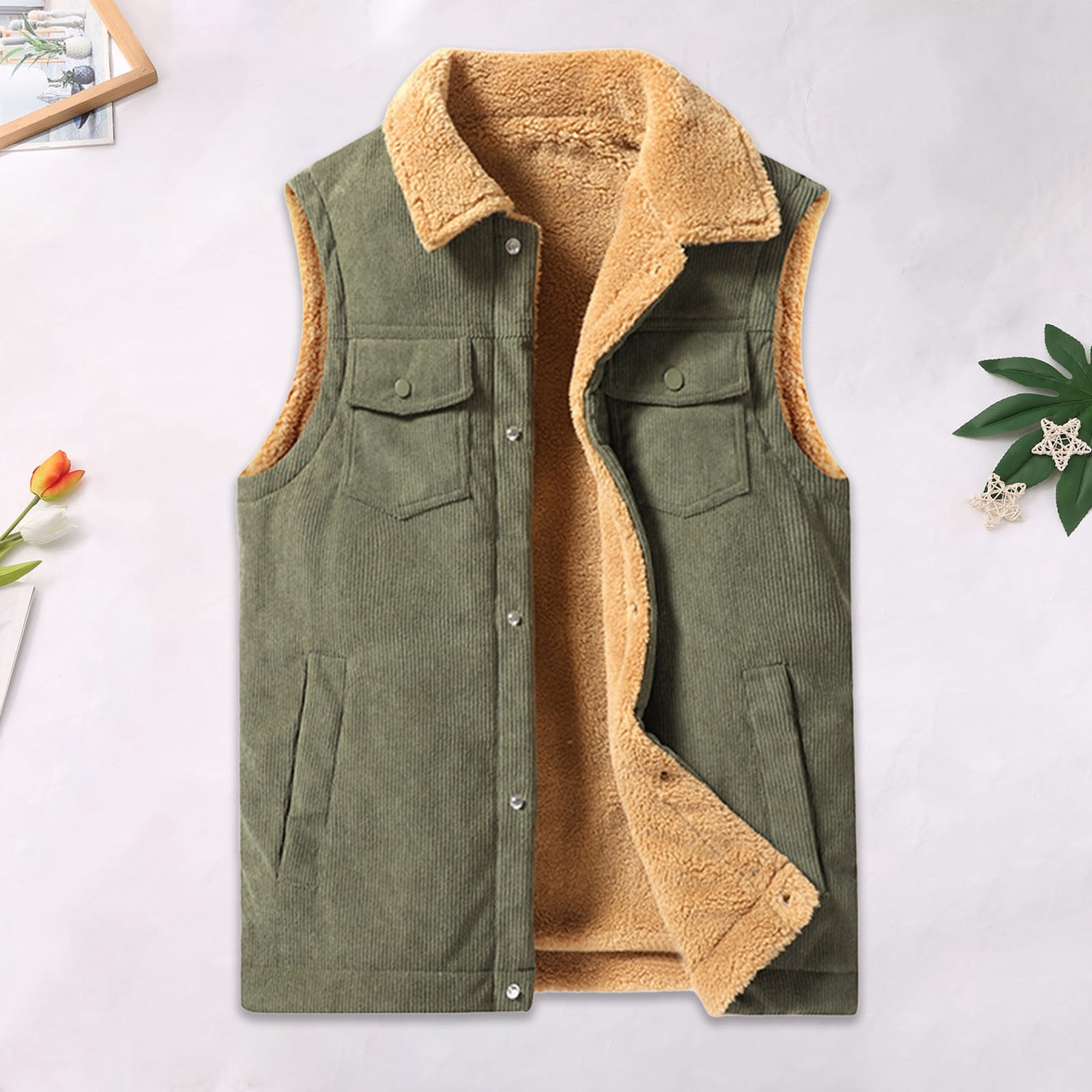 Big and Tall Corduroy Vests for Men Sleeveless Fleece Jacket Full ...