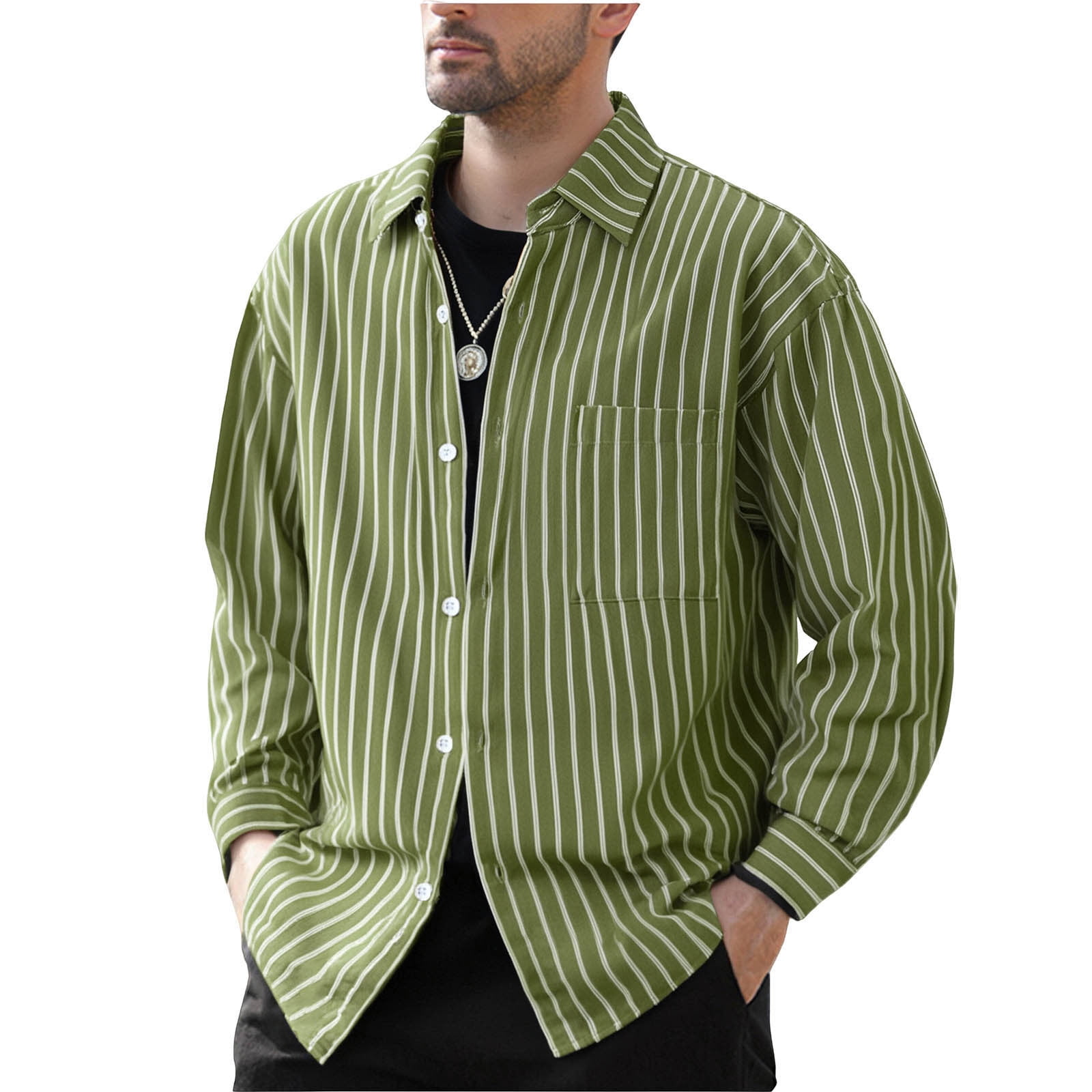 Big and Tall Jacket Shacket Green Striped Button Down Jacket Long ...