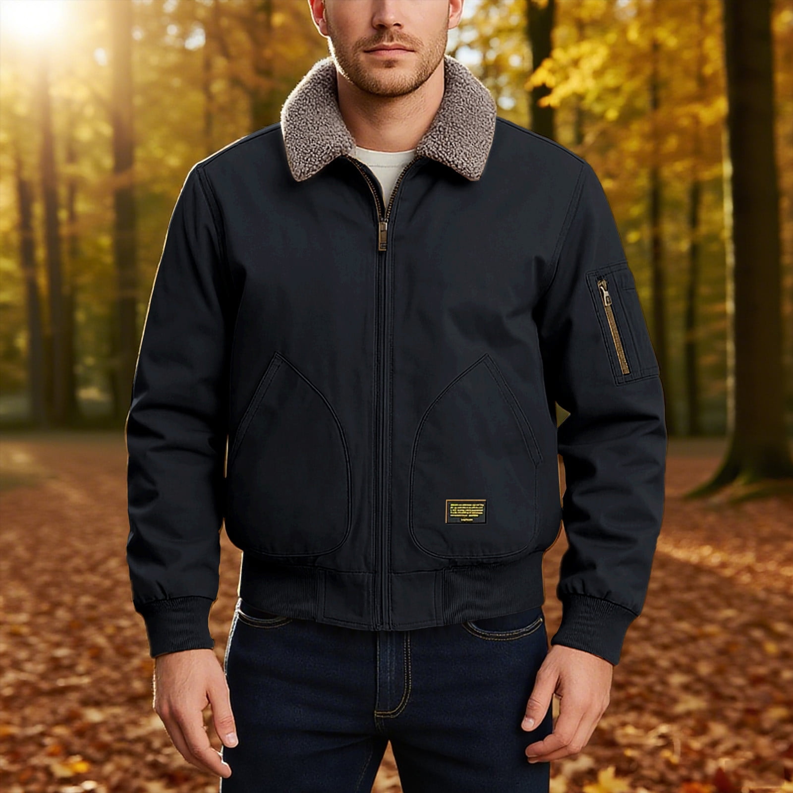 Big and Tall Jacket Sherpa Bomber Black Outerwear Jacket Zip Up Winter ...