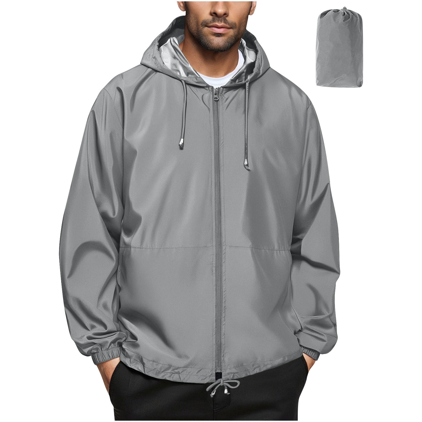 Big and Tall Jacket Waterproof Zip Up Hood Gray Rain Jacket Windbreaker ...