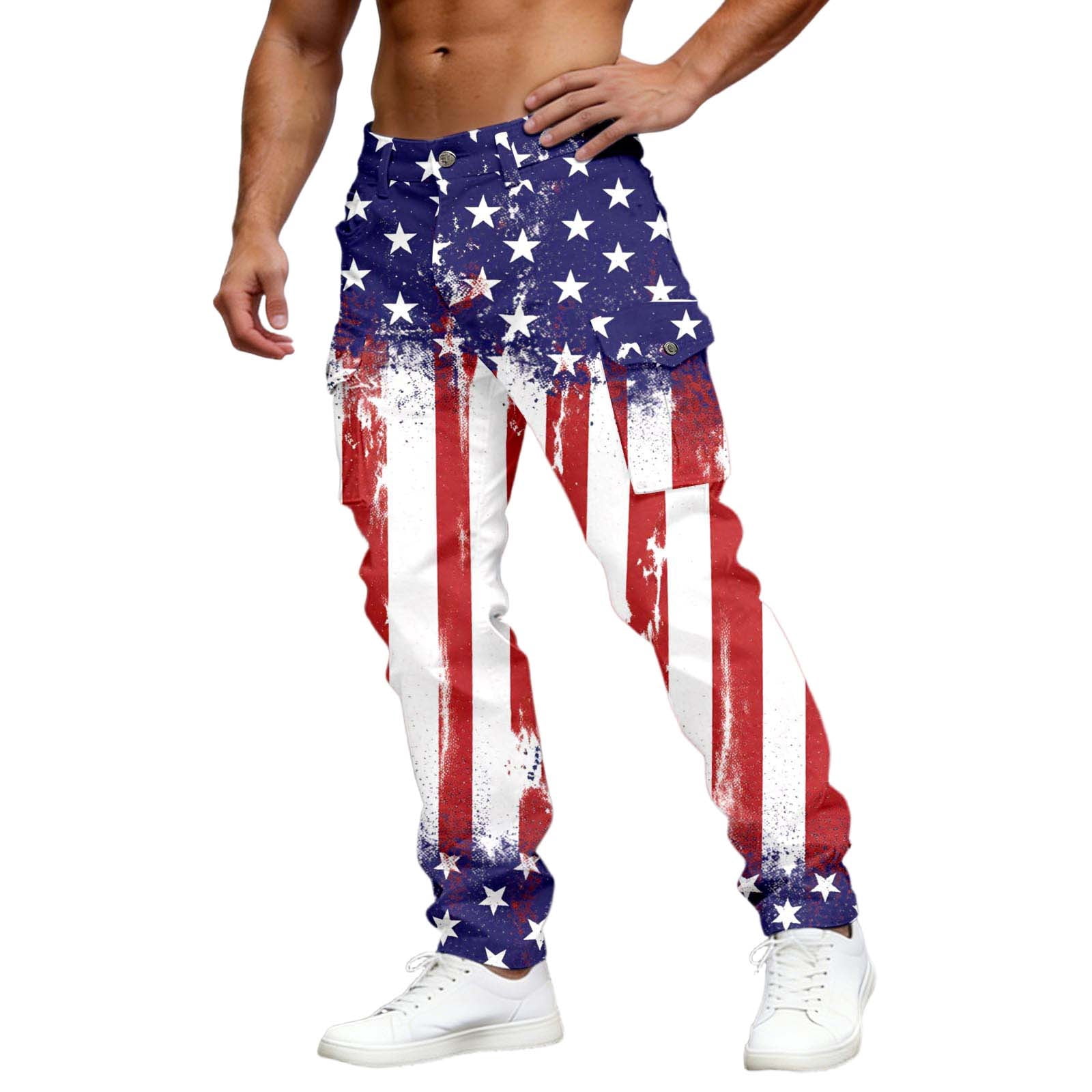 Big and Tall Men Pants 4th of July Casual Utility Pocket Print Everyday ...