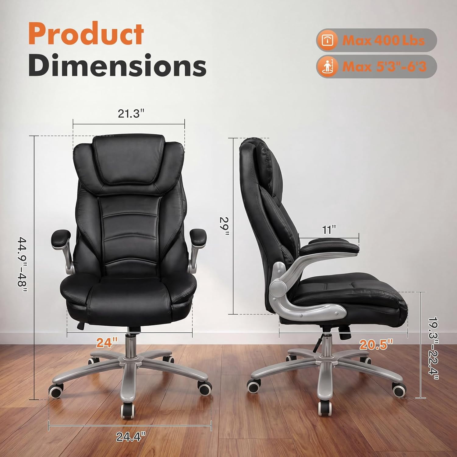 Big and Tall Office Chair 400lb Wide Seat Ergonomic High Back Leather ...