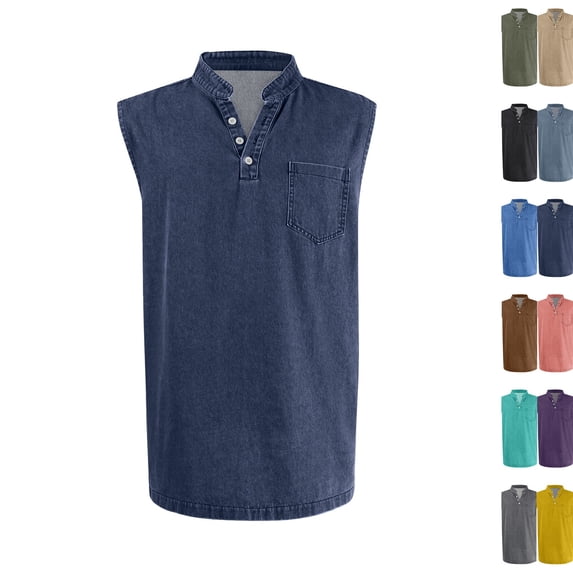 Big and Tank Tops for Men Vintage Denim Henley Shirts Casual Button Up ...