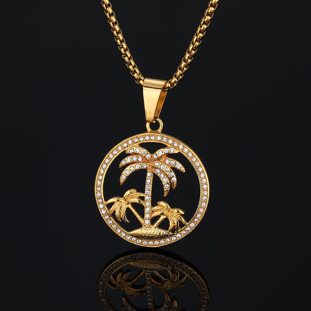 Big coconut tree Sign 14K Yellow Gold Pendant Necklace Men Rapper Hip ...