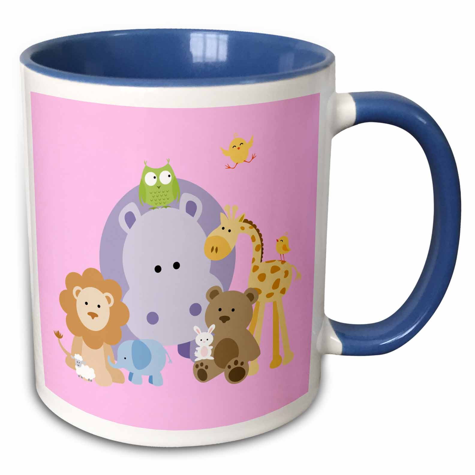 Big family of cute zoo animals on a pink background 11oz Two-Tone Blue ...