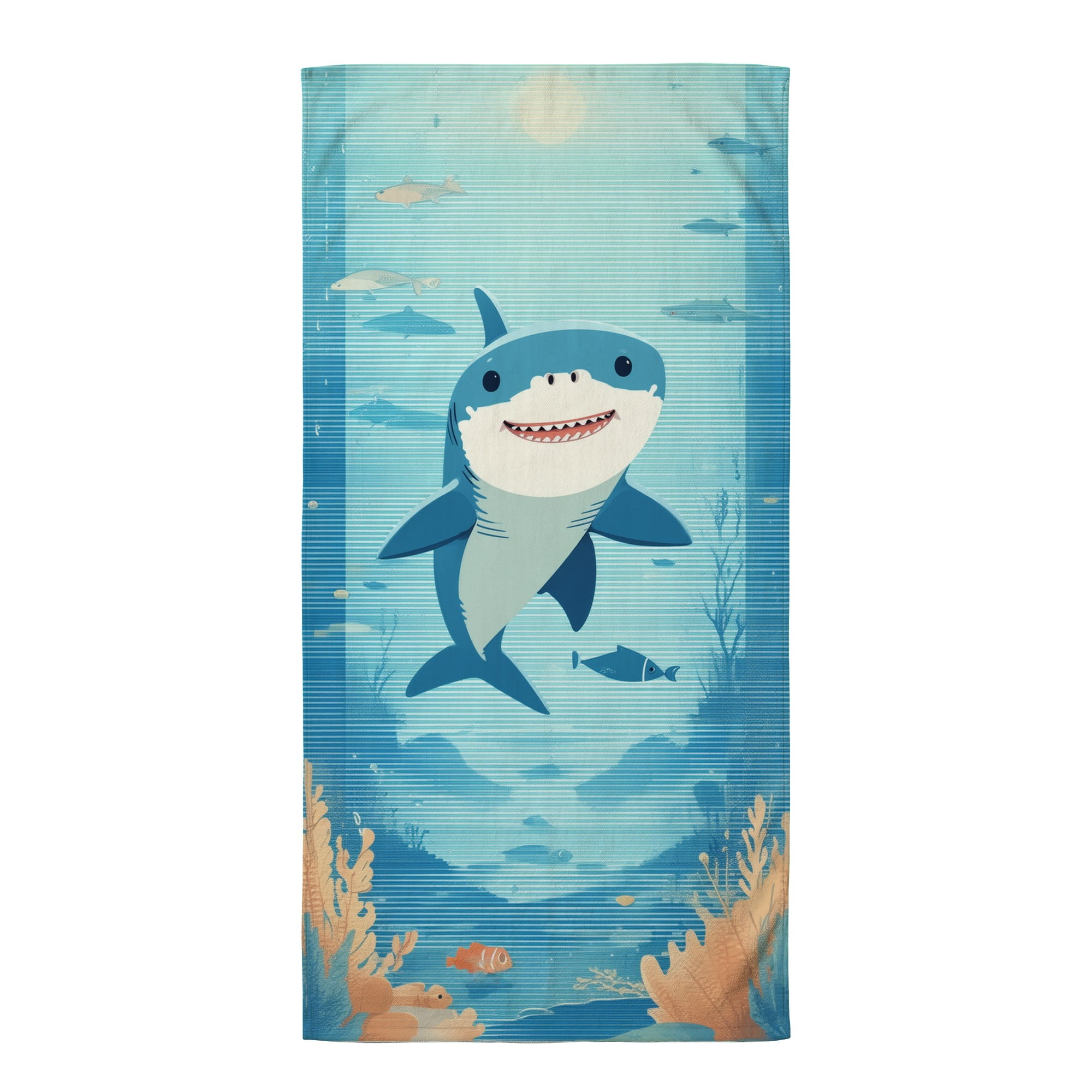 Big shark beach towels A cartoon shark swimming in the ocean surrounded ...