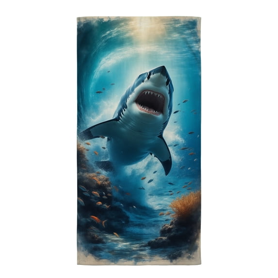 Big shark beach towels A shark with its mouth open in the ocean. quick ...