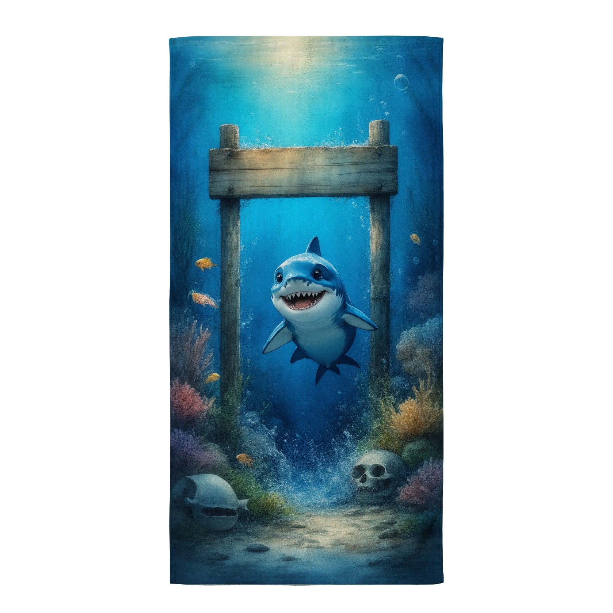 Big shark beach towels A shark swimming under a wooden sign in the ...