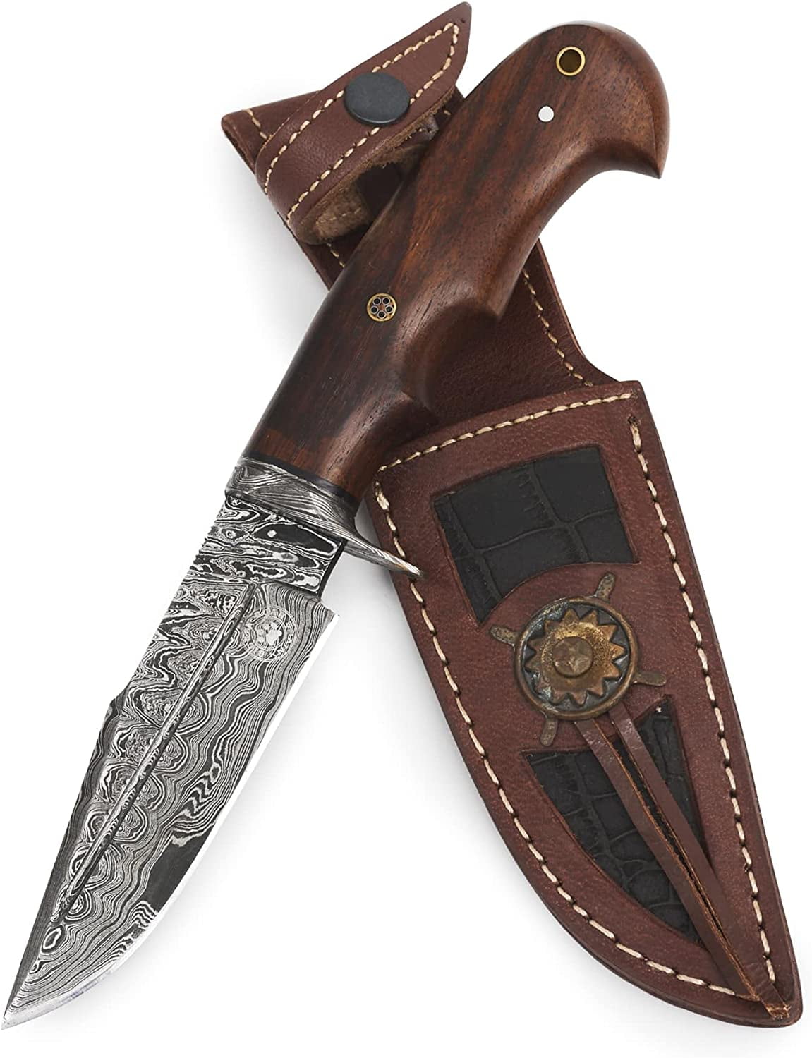 BigCat Roar Deer Hunter Damascus Buck Knife with Sheath - 4.8" Drop ...