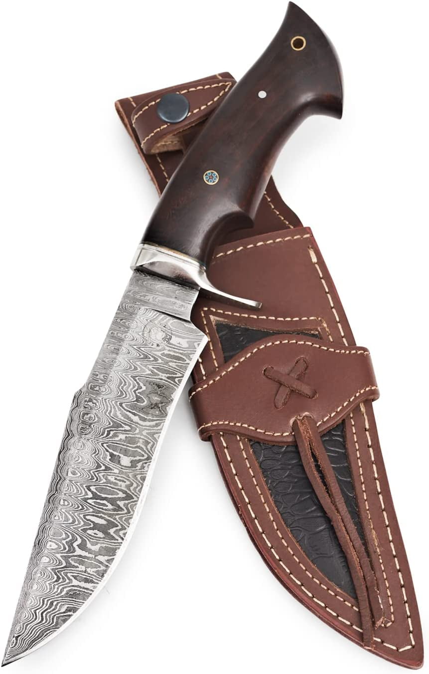 BigCat Roar Leopard Hunter Damascus Buck Knife with Sheath - 7" Clip-Point Blade Hunting Knife ...