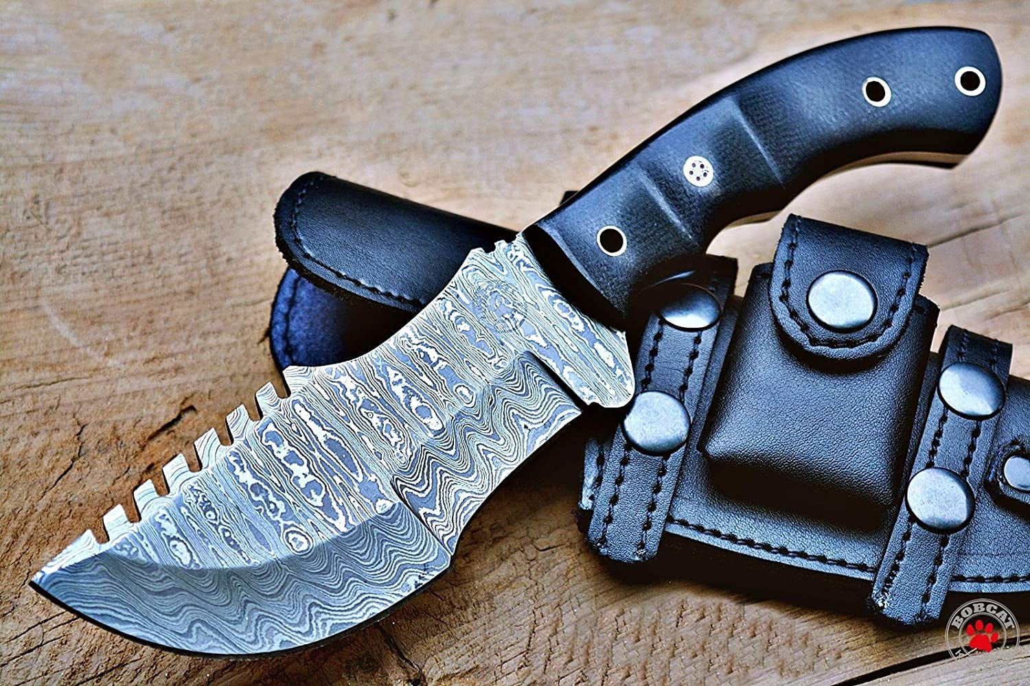 BigCat Outdoor Tactical Tracker Damascus Knife - 4.8" Full-Tang Fixed ...