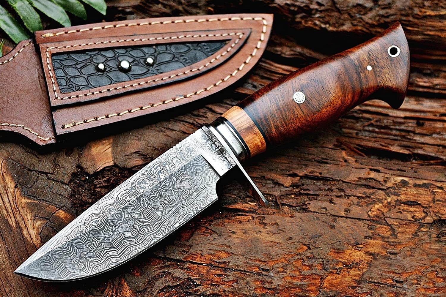 BigCat Roar Wild Tiger Damascus Buck Knife with Sheath - 4.8" Drop ...