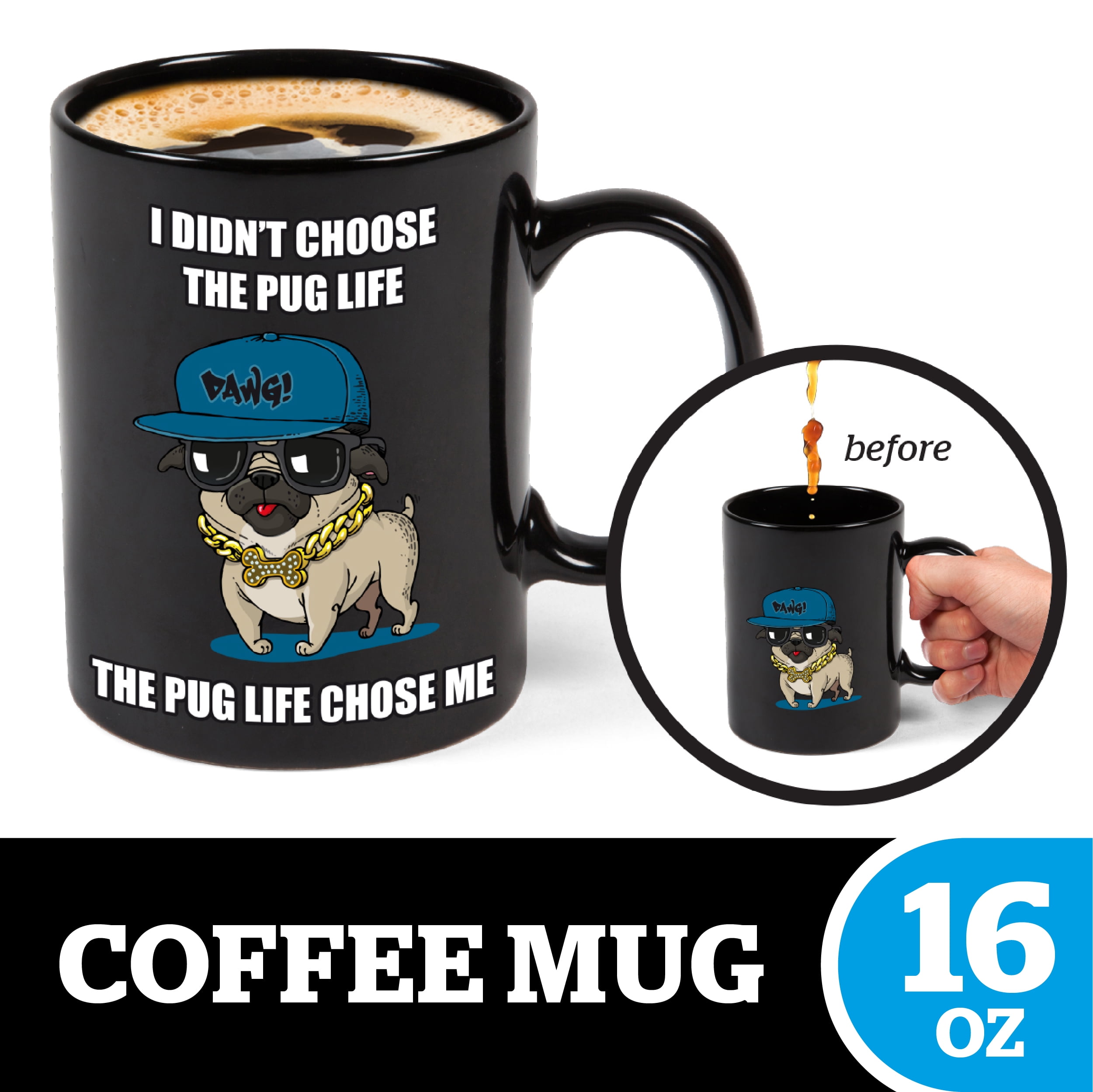 BigMouth Inc. 16oz Color Changing Pug Life Mystery Mug, Heat Sensitive ...