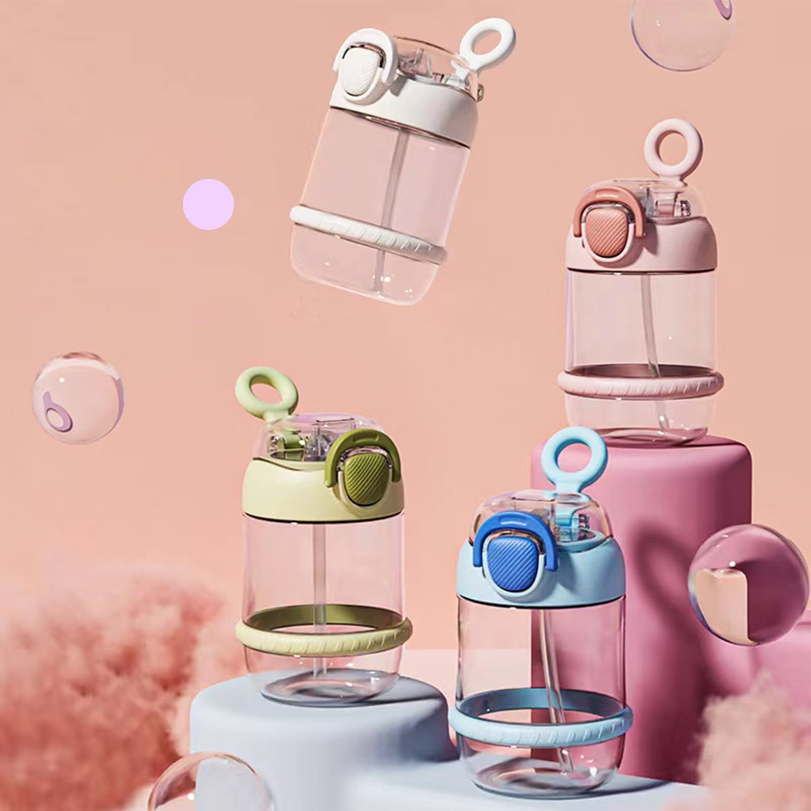 BigTiny 1 Set 450/630ML Straw Cup Safety Lock Bouncing Lid Portable Lanyard One Button Open Soft ...