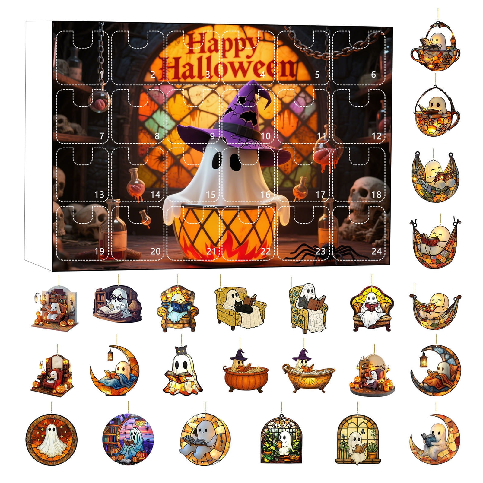 BigTiny 2025 Halloween 2D Ghost Reading Ornament Countdown Set 24 Days ...