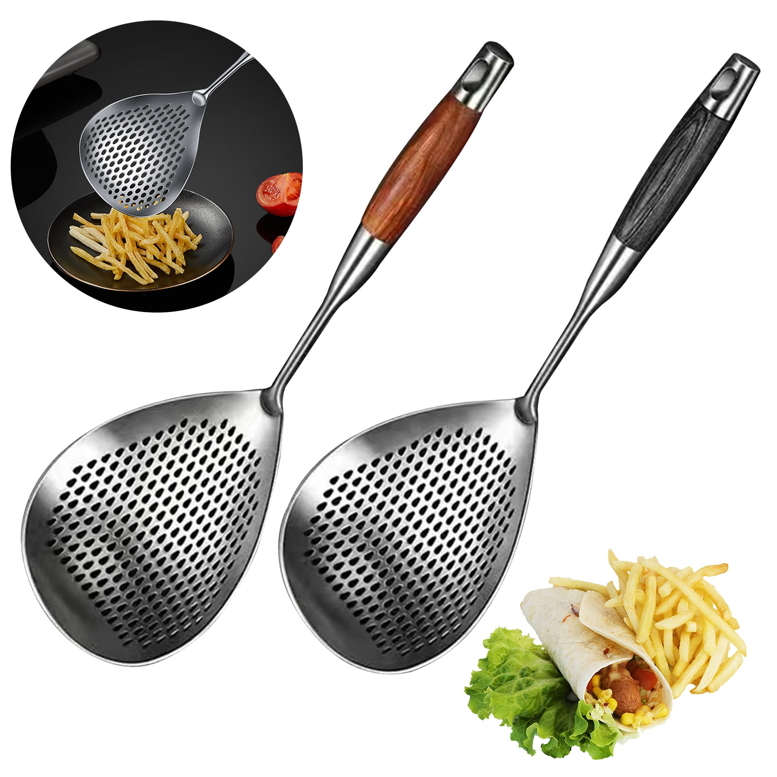 BigTiny 304 Stainless Steel Slotted Spoon Fine Mesh Anti-scald Wooden ...