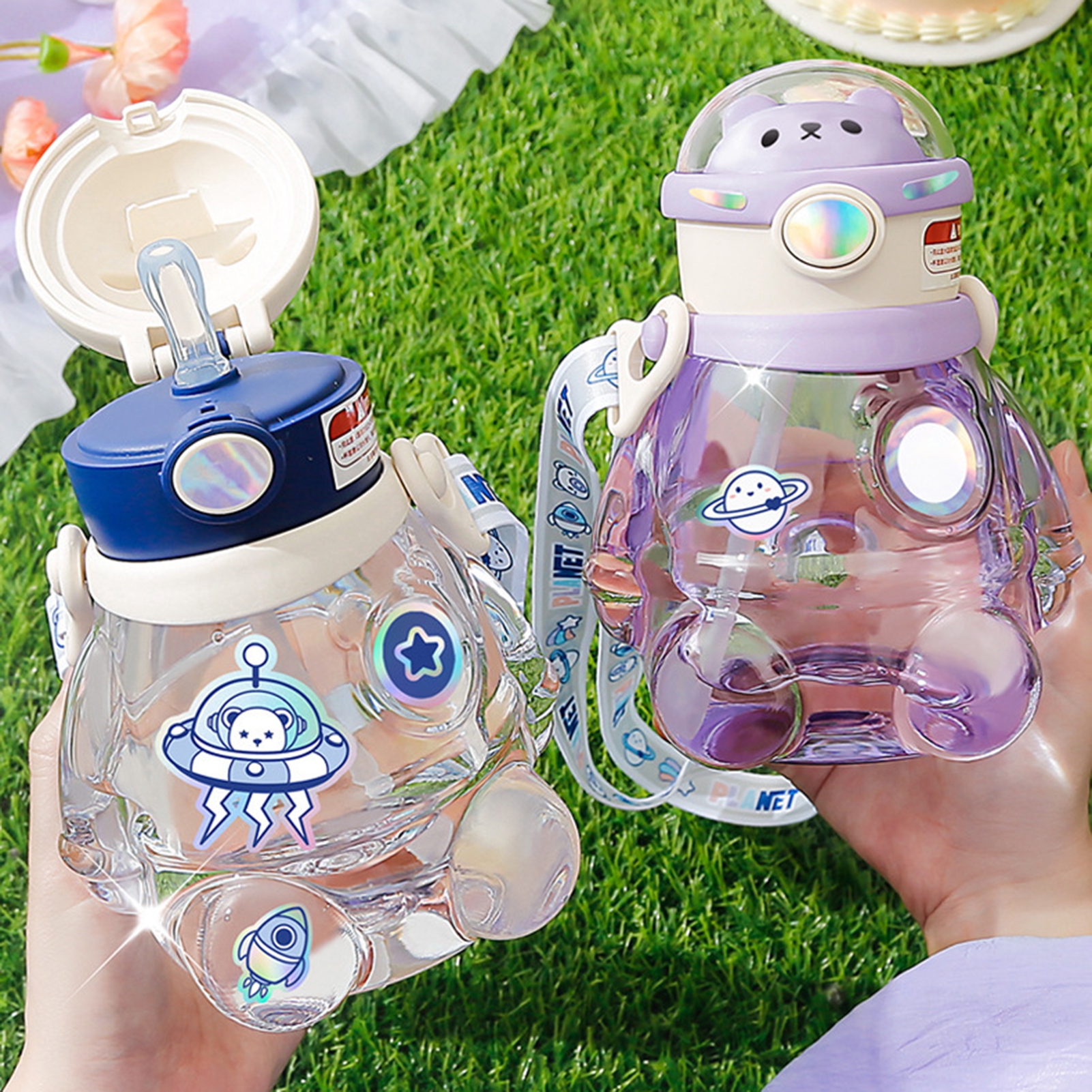 BigTiny 700ML Straw Cup Portable Strap Leak-proof Bear Design Food Grade with Sticker Drink ...