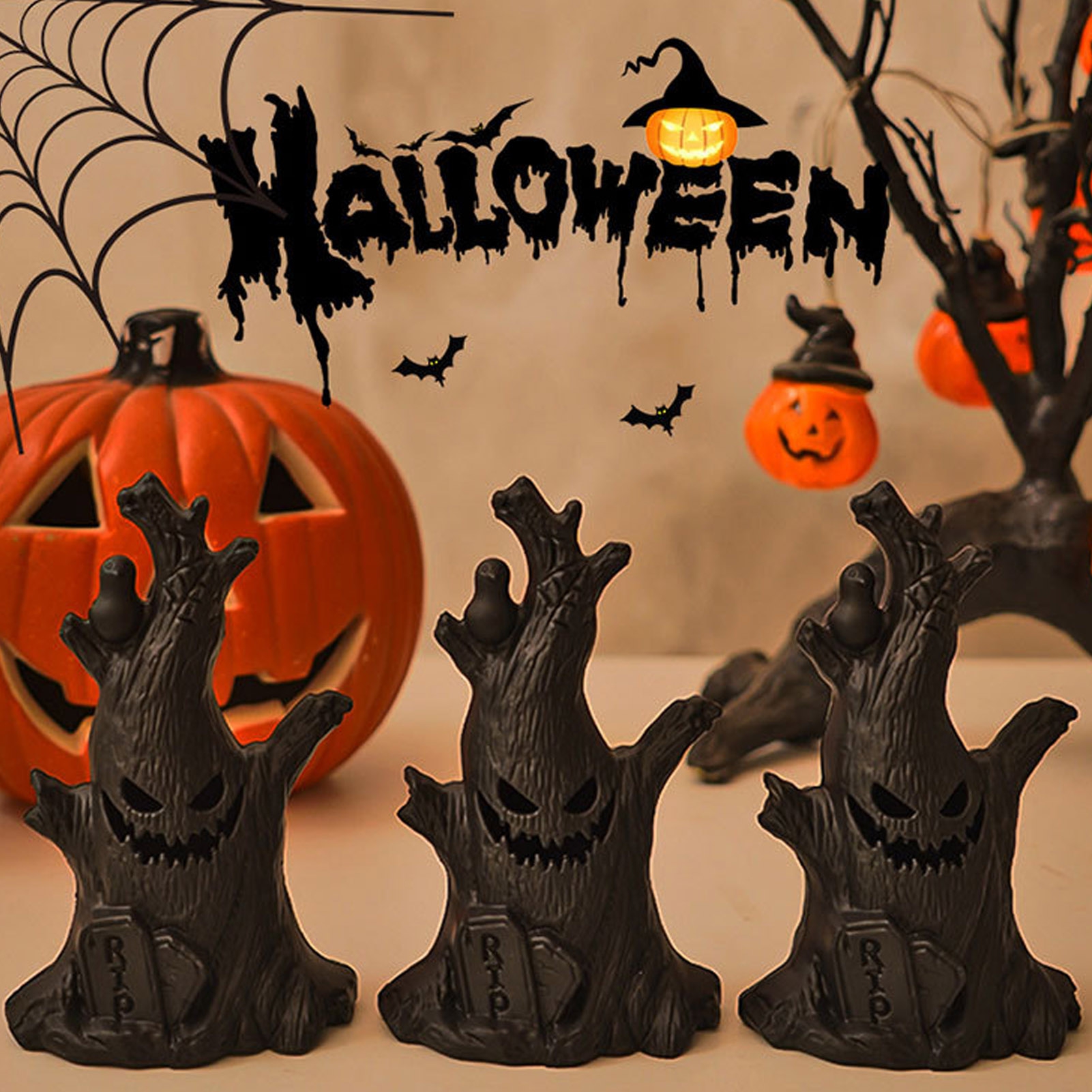 BigTiny Halloween LED Ghost Tree Ornament Spooky Ghost Face Stump ...