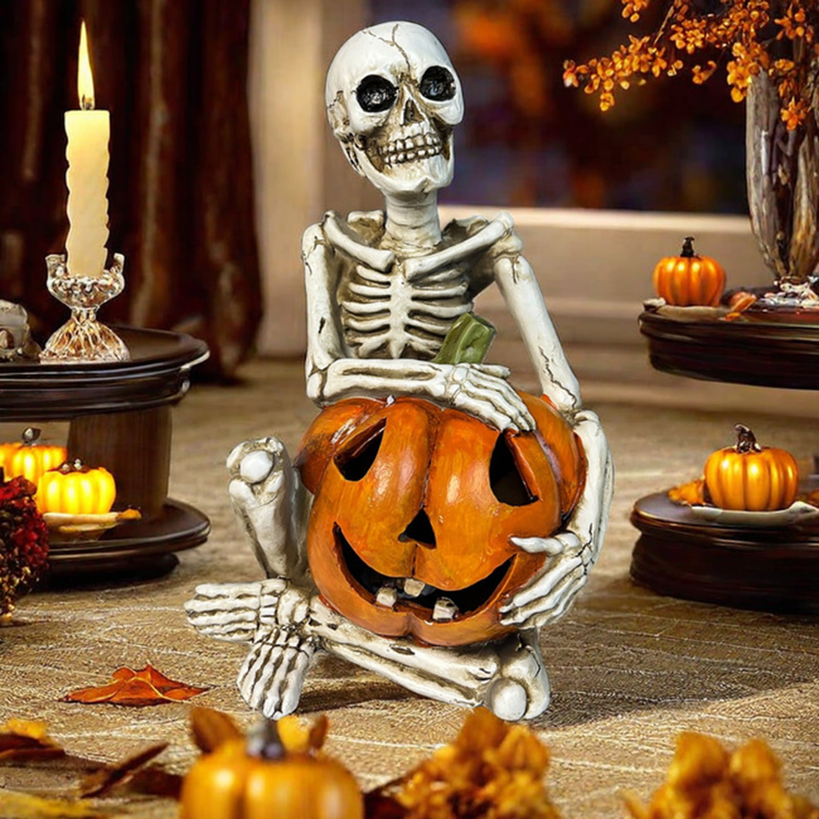 BigTiny Halloween Skeleton Holding Pumpkin Figurine Spooky Light-up ...