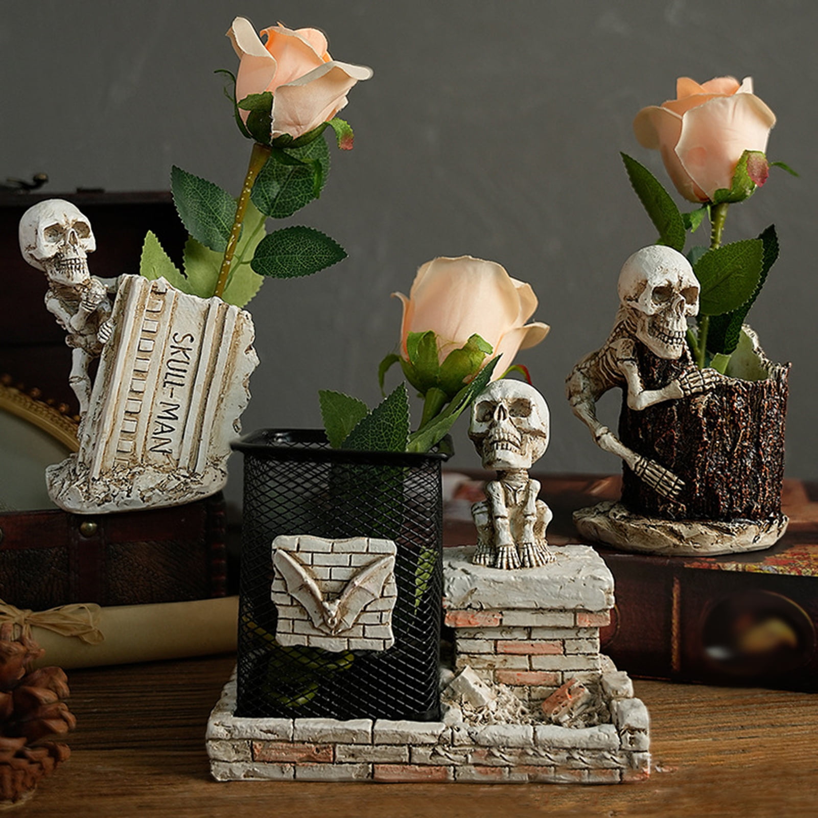 BigTiny Halloween Skeleton Pen Holder Decoration Stump Tombstone Spider ...