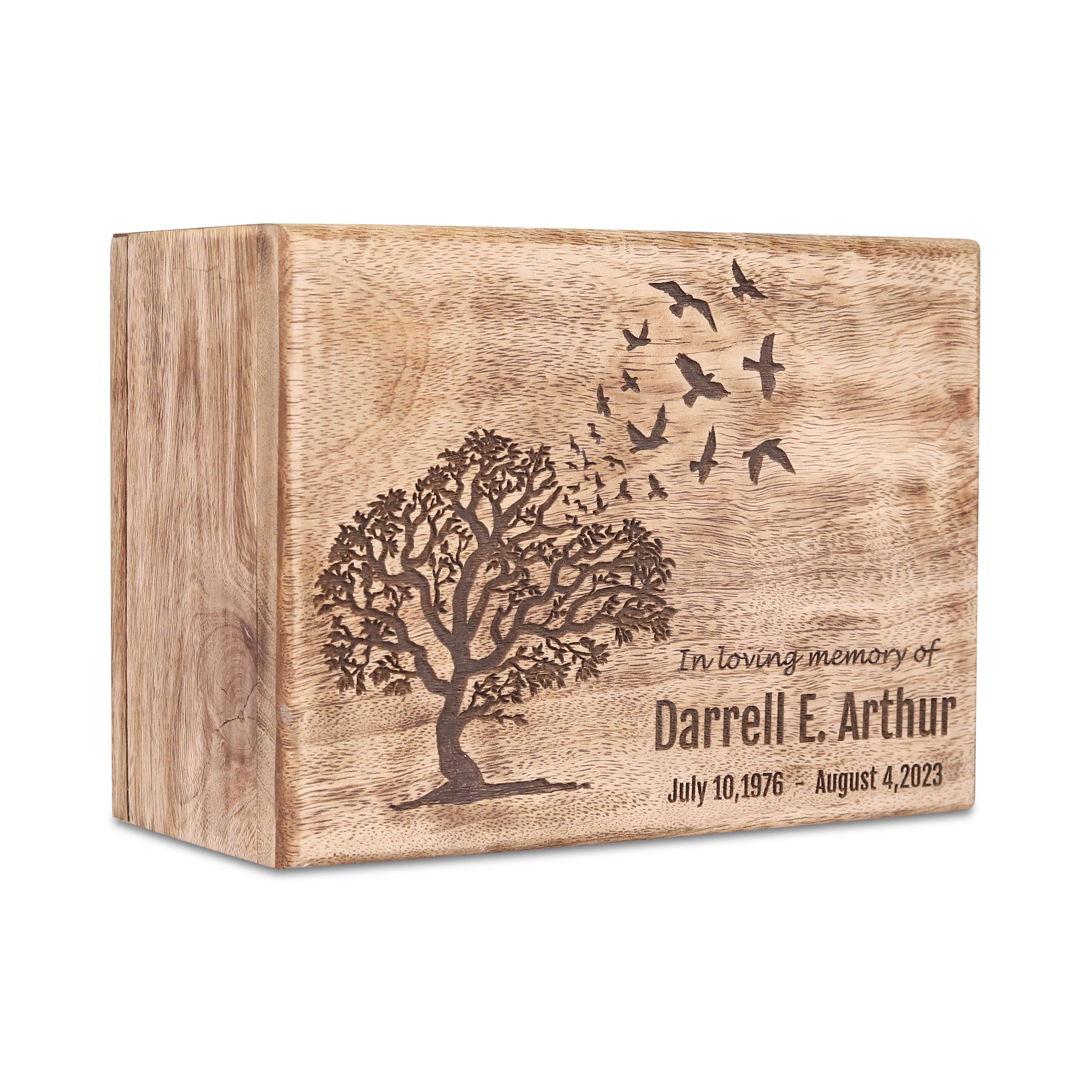 BigWoodWorks Personalized Wooden Memorial Urn for Human & Pet, Tree Design with Birds, Custom ...