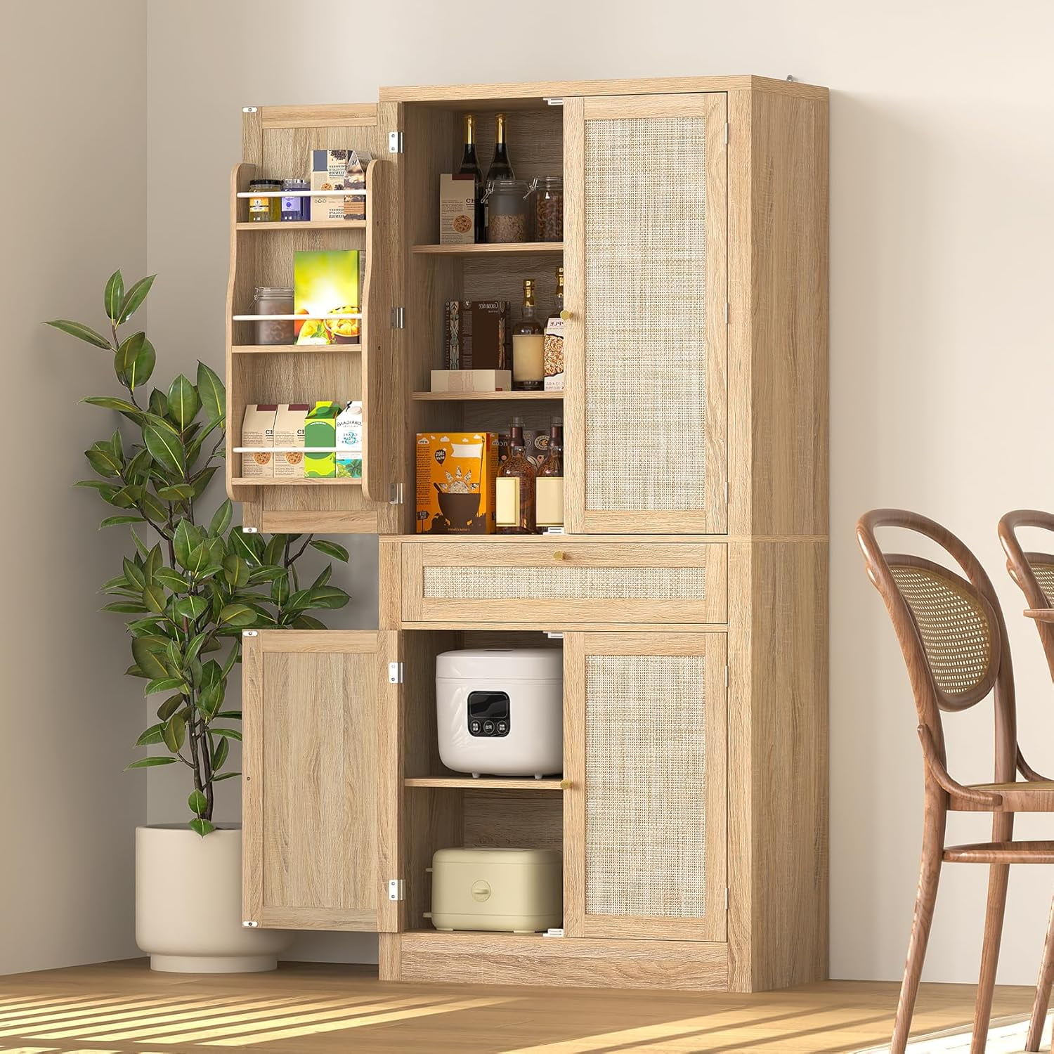 Bigbiglife Kitchen Pantry Cabinet with Rattan Doors, 70'' Tall Pantry ...