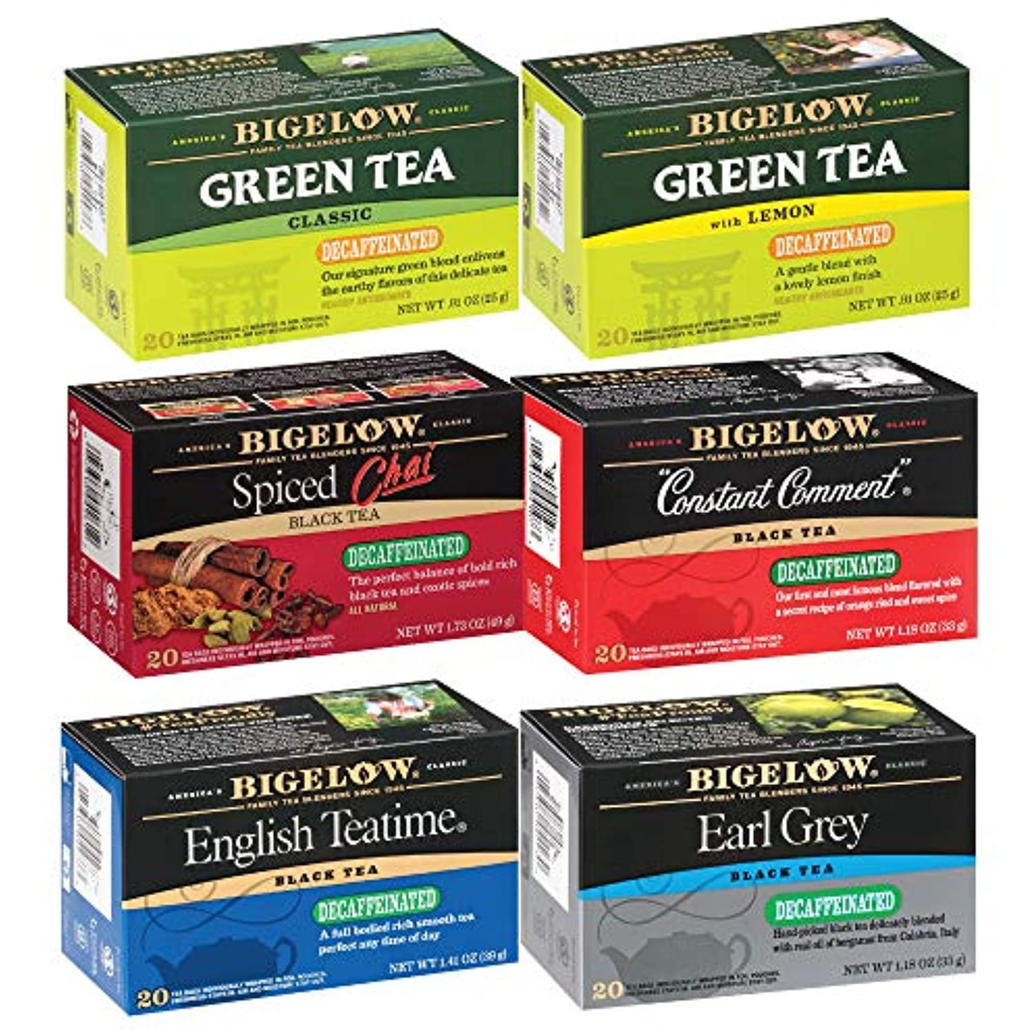 Bigelow Decaffeinated 6 Flavor Variety Pack Tea Bags, 20 Count Box ...
