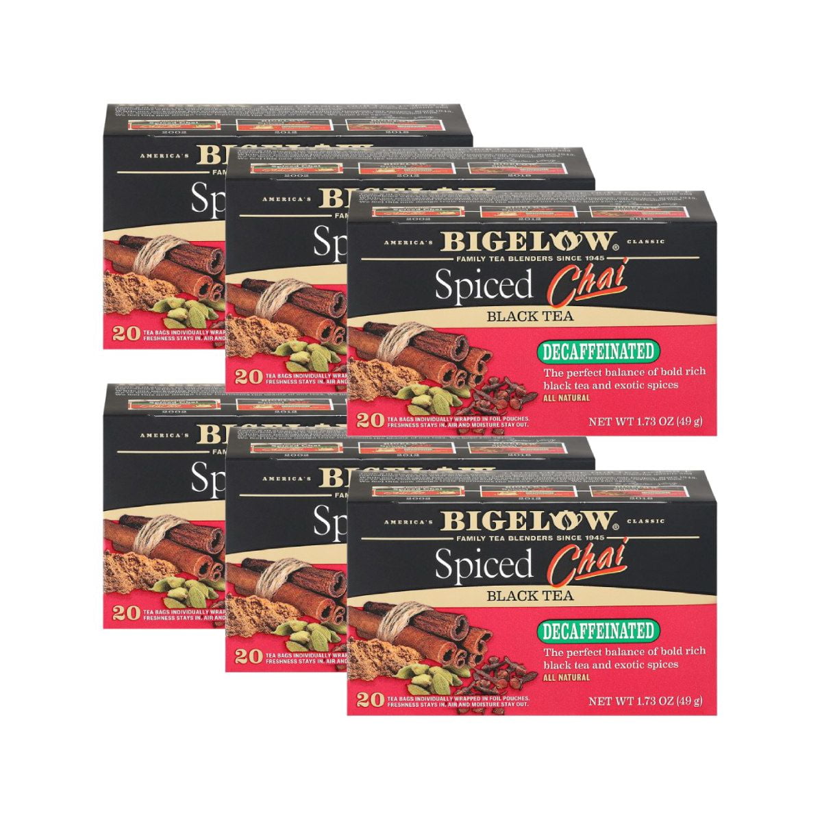 Bigelow Decaffeinated Spiced Chai Black Tea - Case of 6 boxes/20 bags ...