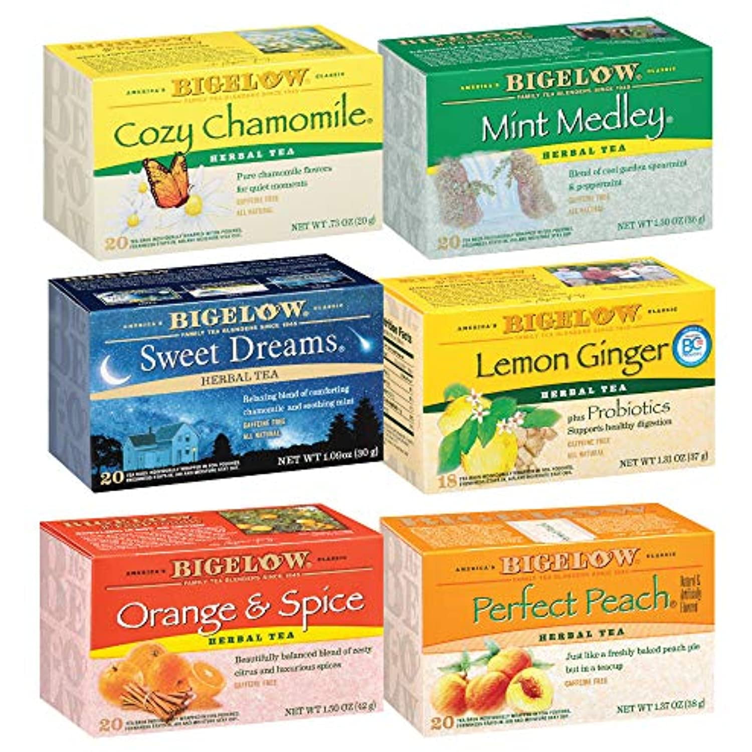 Bigelow Herbal Tea 6 Flavor Variety Pack, Caffeine Free, (Pack Of 6 ...