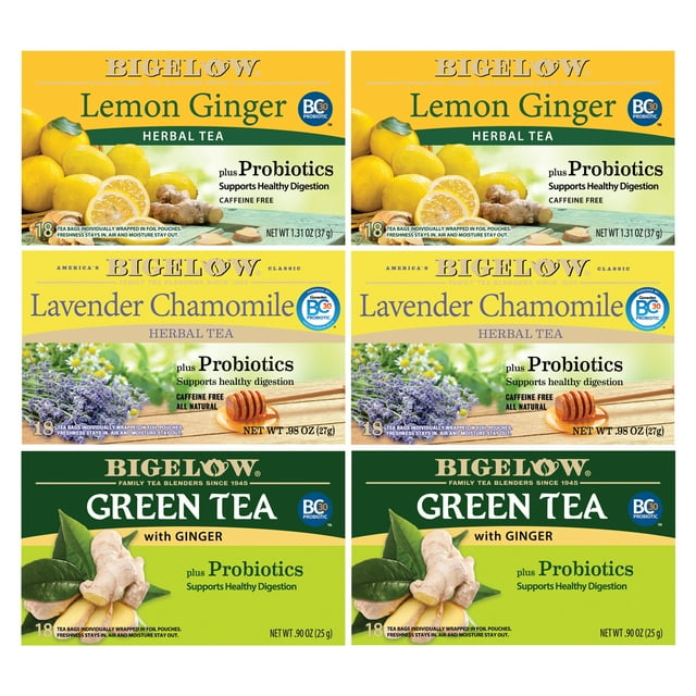 Bigelow, Probiotic Tea Variety Pack, Herbal and Green Tea Bags, 18 ...