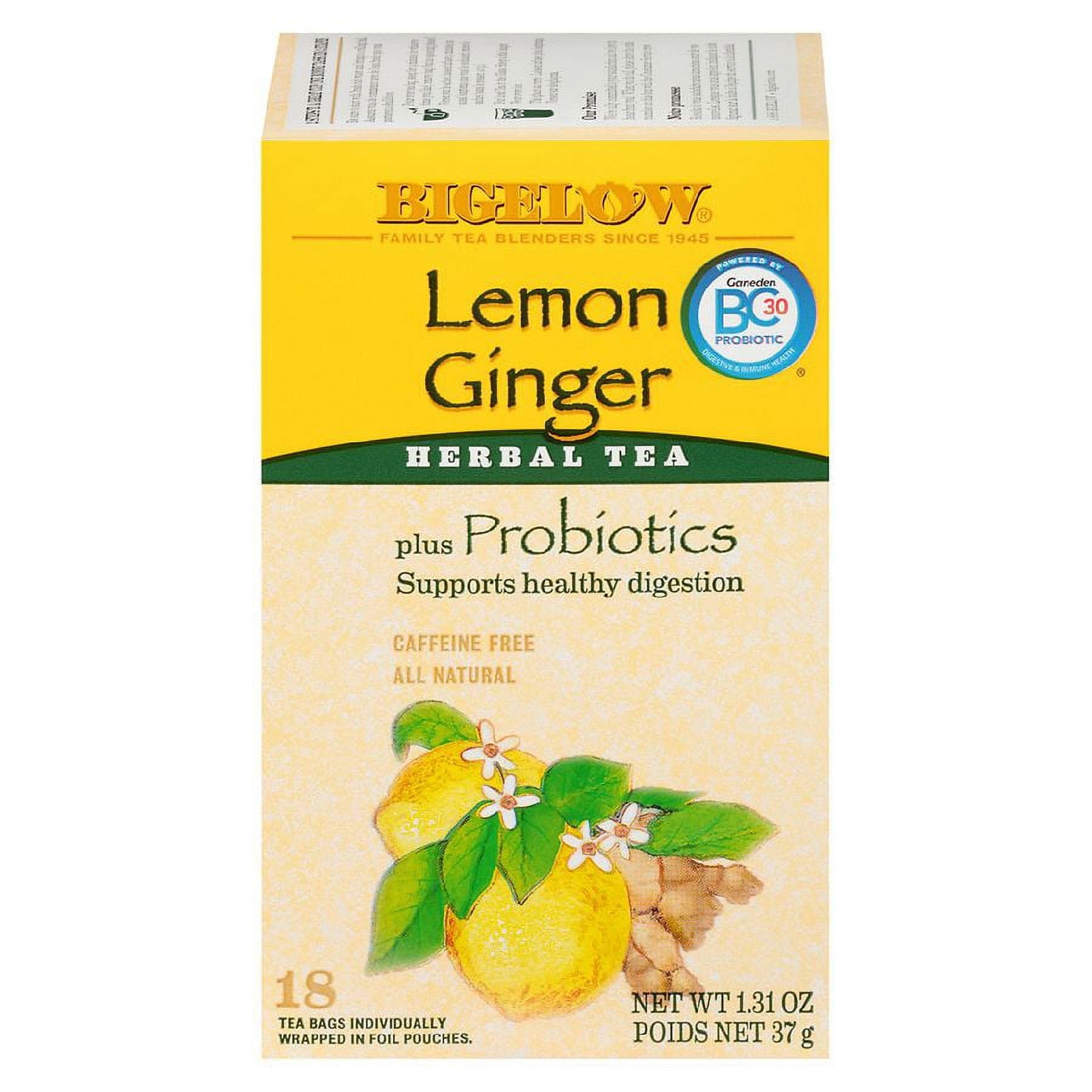 Bigelow Probiotics Herbal Tea Bags Caffeine Free Lemon Ginger 0.07oz x 18 Each Pack of 2 ...