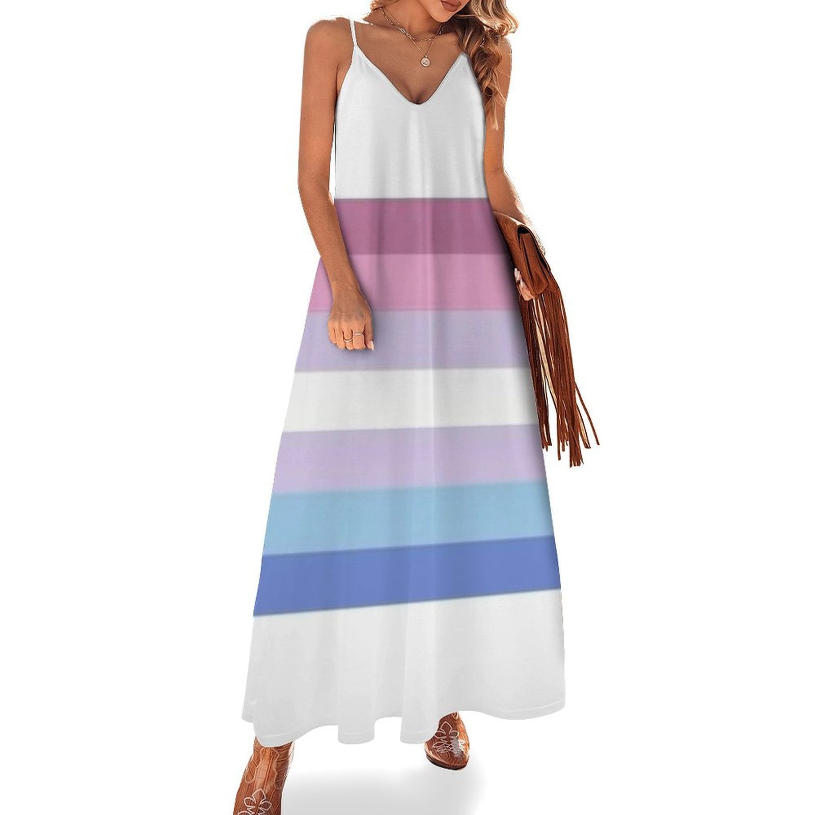 Bigender Pride Flag LGBTQSummer Sleeveless V Neck Dresses for Women,Spaghetti Strap Maxi Dress ...
