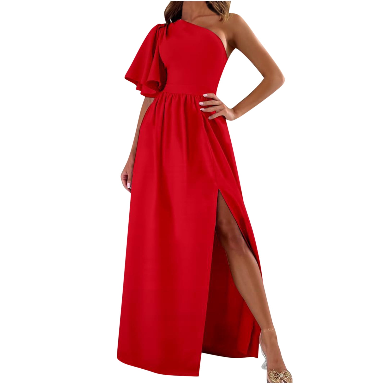 Bigersell Midi Dress Women's Autumn Solid Color Ruffled Slanted ...