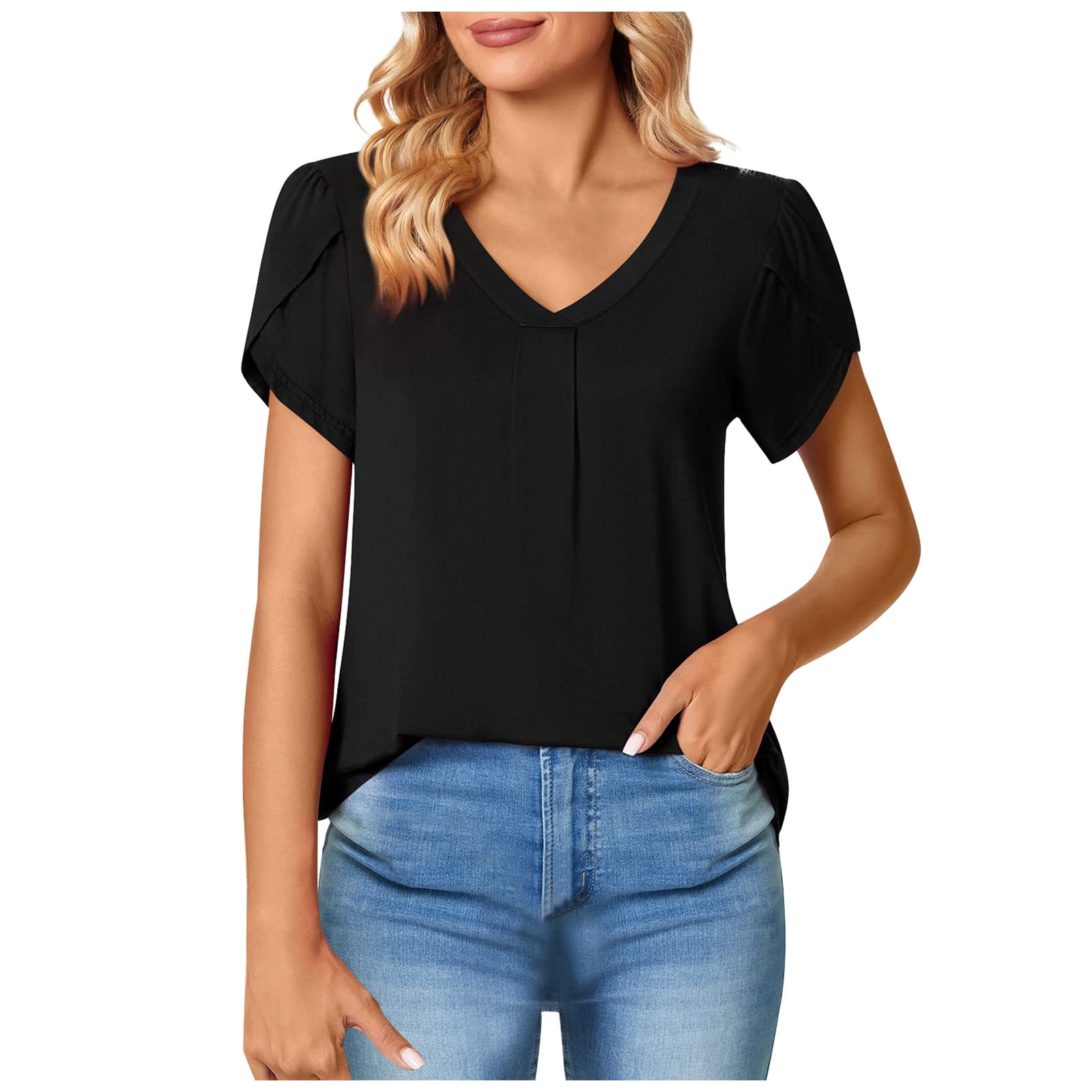 Bigersell Short Sleeve Tops for Women Casual Petal Sleeve Tops V-Neck ...