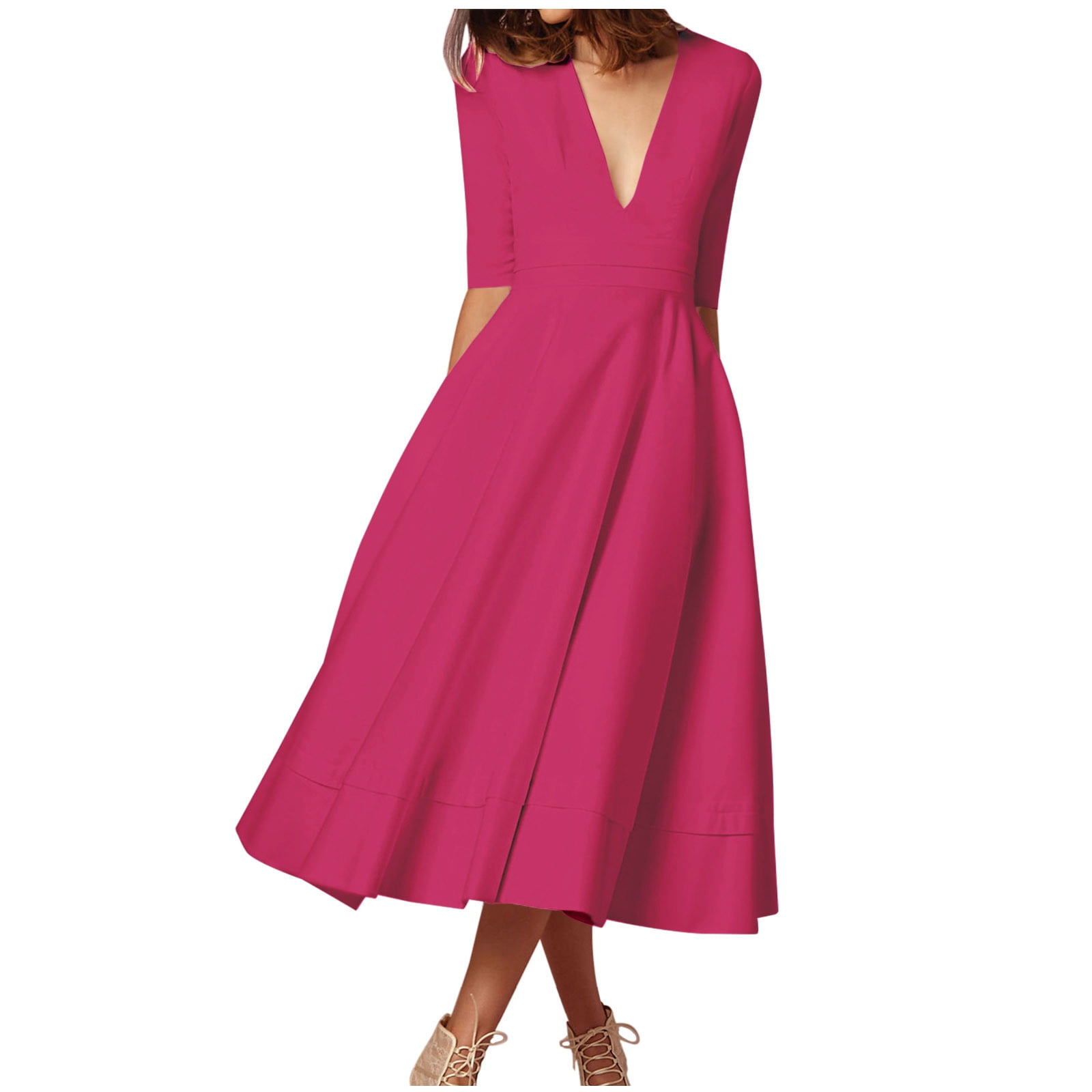 Bigersell Vintage Dress Clearance Female V-Neck Short Sleeve Midi ...