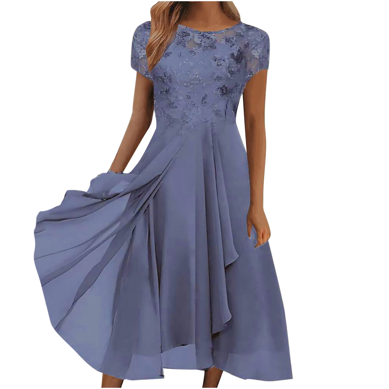 Bigersell Wedding Dresses Clearance Female Crew Neck Short Sleeve Midi Wedding Guest Dress Style ...