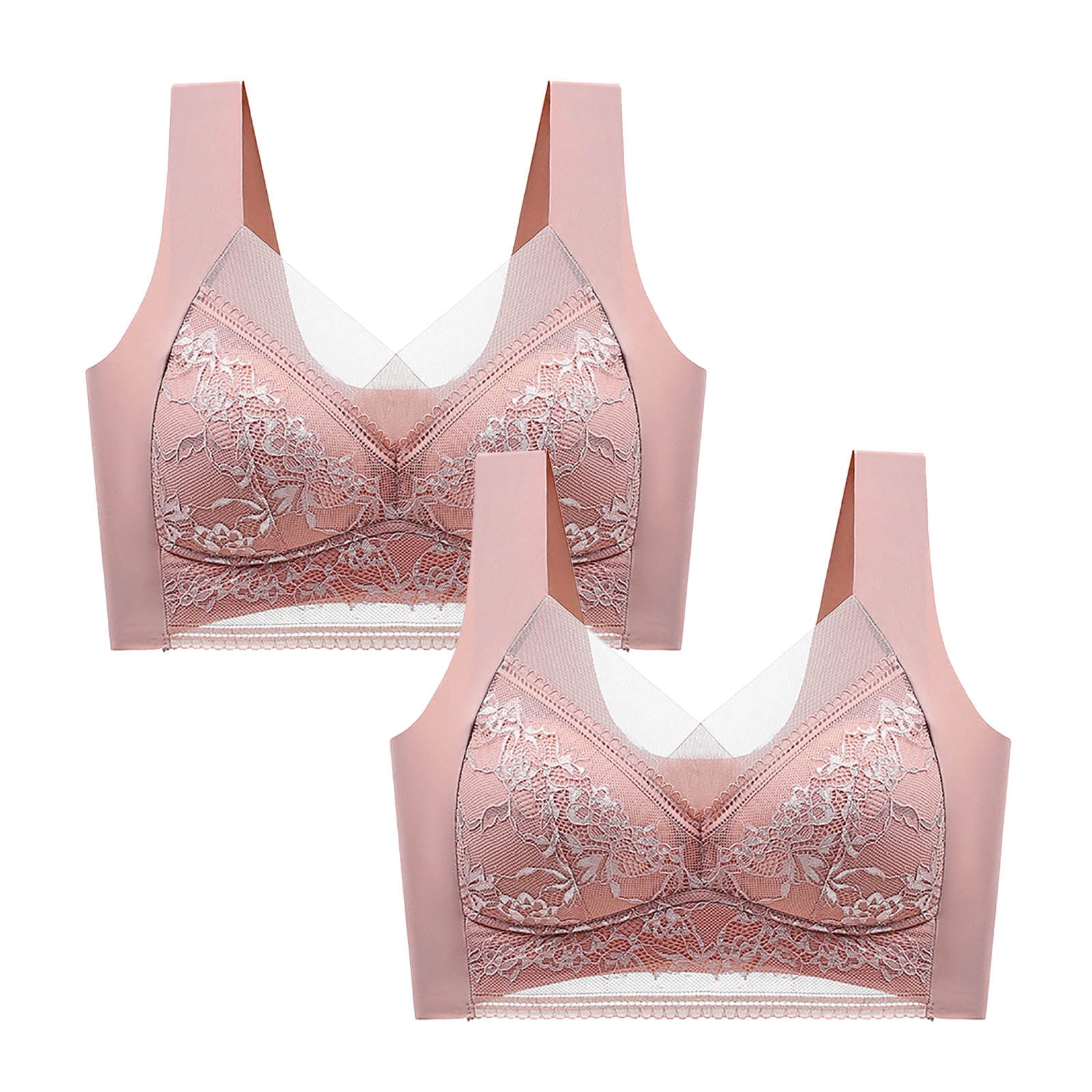 Bigersell Women Bras Pack of 2 Women's Plus Size Full-Coverage Wireless Bra Ladies V-Neck Mesh ...