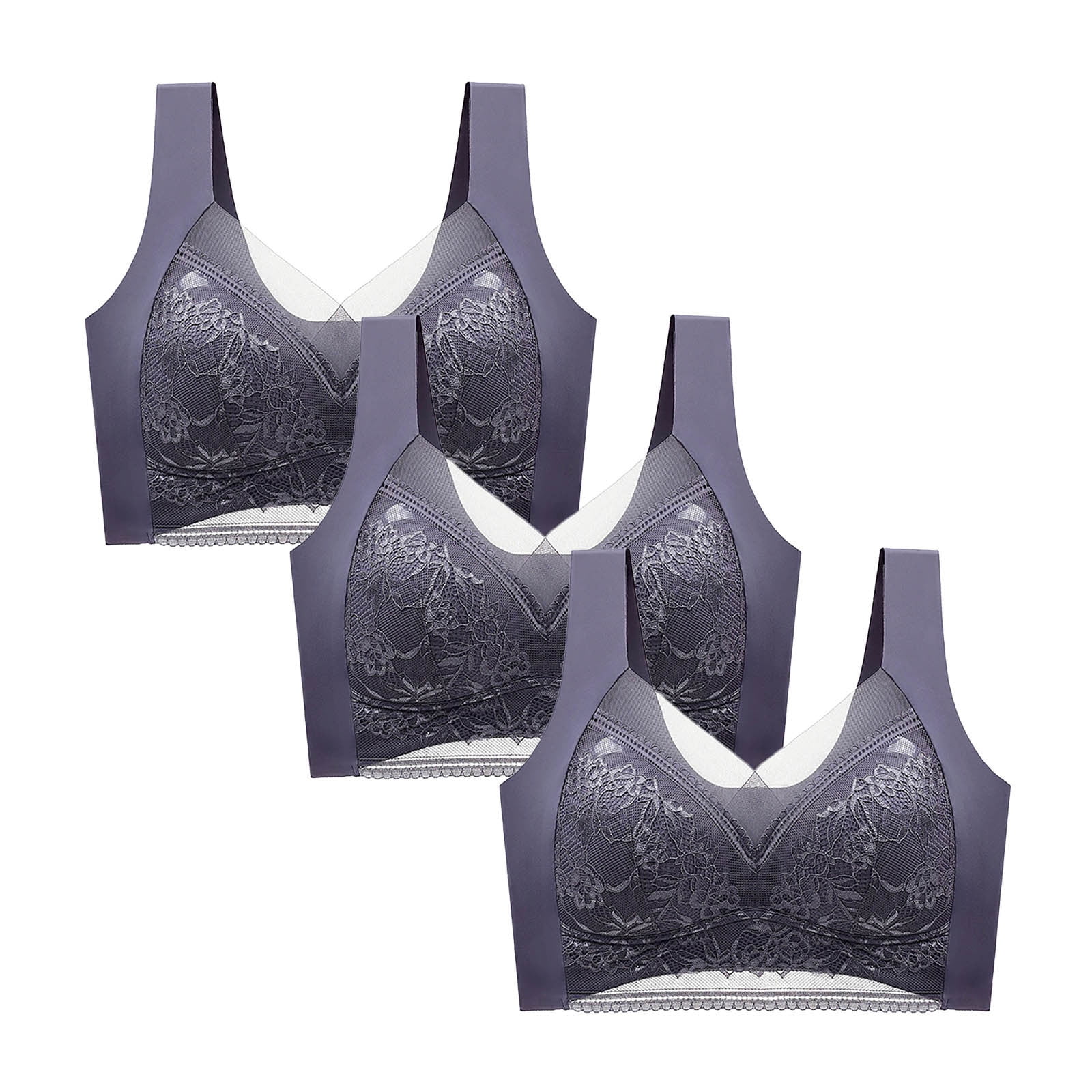 Bigersell Women Bras Pack of 3 Women's Plus Size Full-Coverage Wireless Bra Ladies Lace V-Neck ...