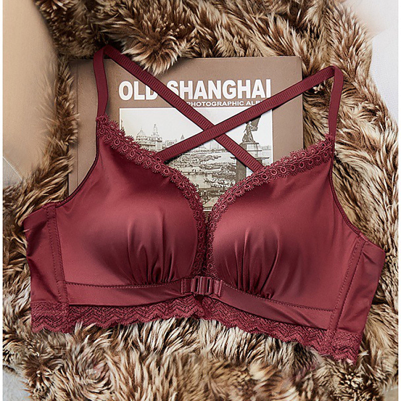 Bigersell Women Front Closure Bras - Ladies Lace Trim V-Neck Push up ...