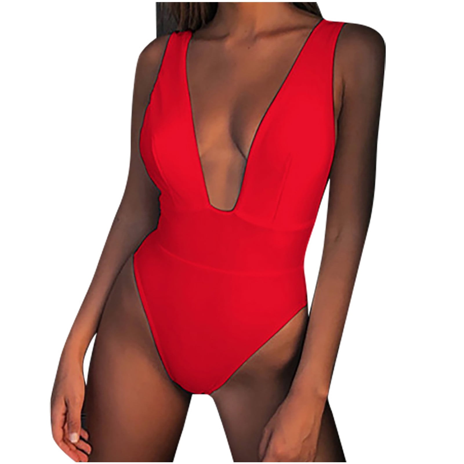 Bigersell Women One Piece Swimsuit Solid Color Deep V Neck Backless