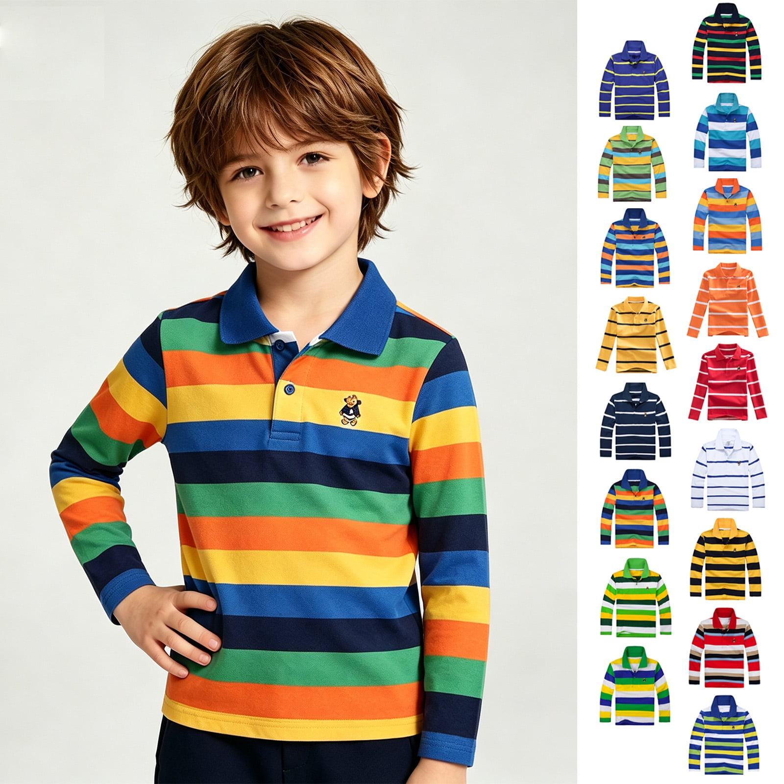 Bigetiay Boys Long Sleeve Shirts Casual Striped Polo Shirt Button ...