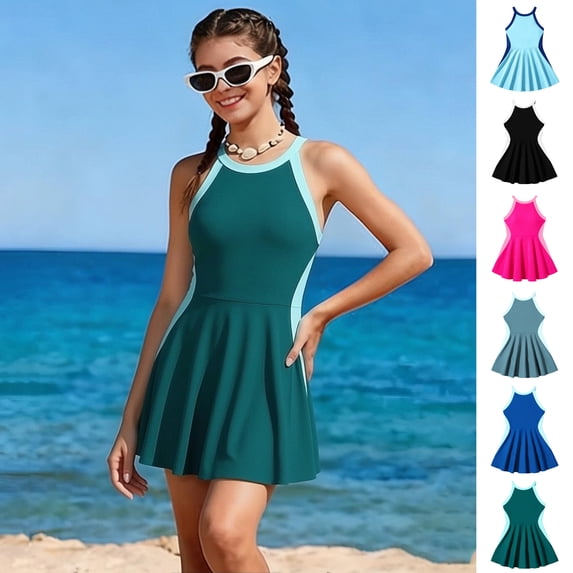 Bigetiay Girls One Piece Swimsuit Adjustable Straps Bathing Color Dress ...