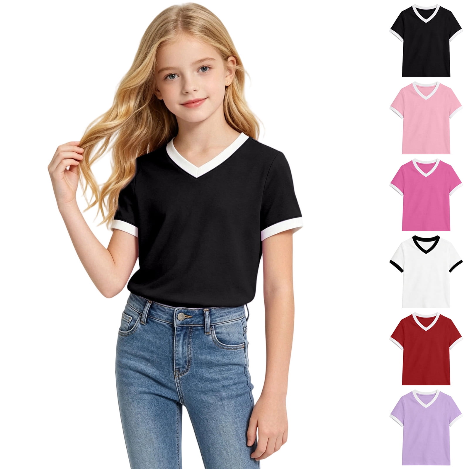 Bigetiay Girls Short Sleeve Crewneck Tee Casual Soft V Neck Basic Top ...