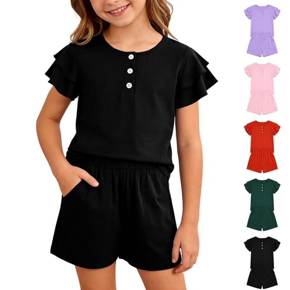 Bigetiay Girls Summer Two Piece Ruffled Short Sleeved Button Down Shirt ...
